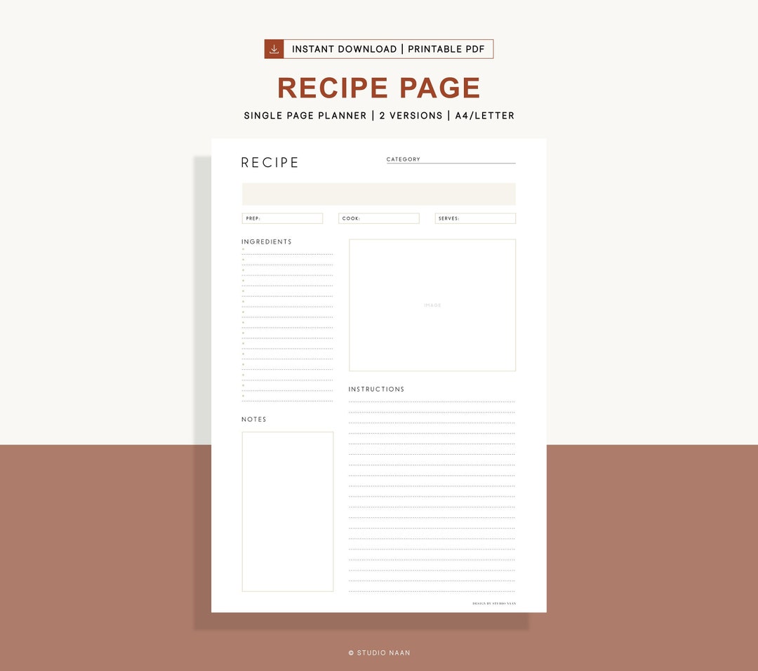 Printable Recipe Page Recipe Template Downloadable Cooking Manual ...