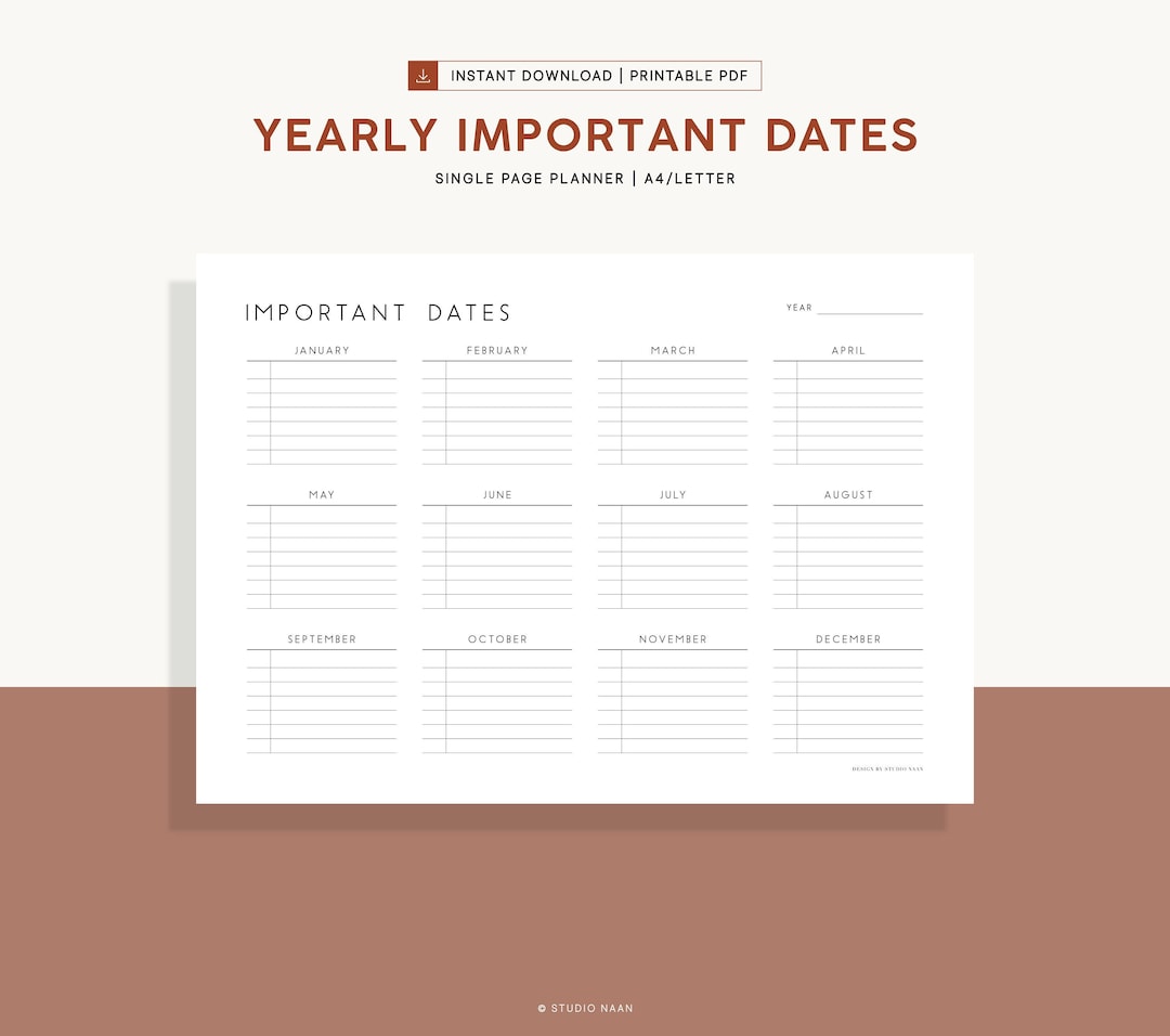 Year Planner Important Dates Overview Printable Yearly Events - Etsy