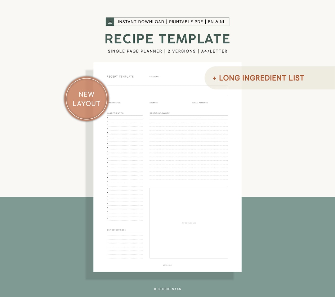 Printable Recipe Page Recipe Template Downloadable Cooking Manual Long ...