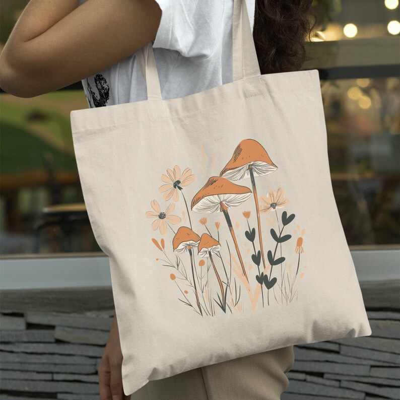 Cottage Core Tote Bag With Mushrooms and Wildflowers, Eco-friendly ...
