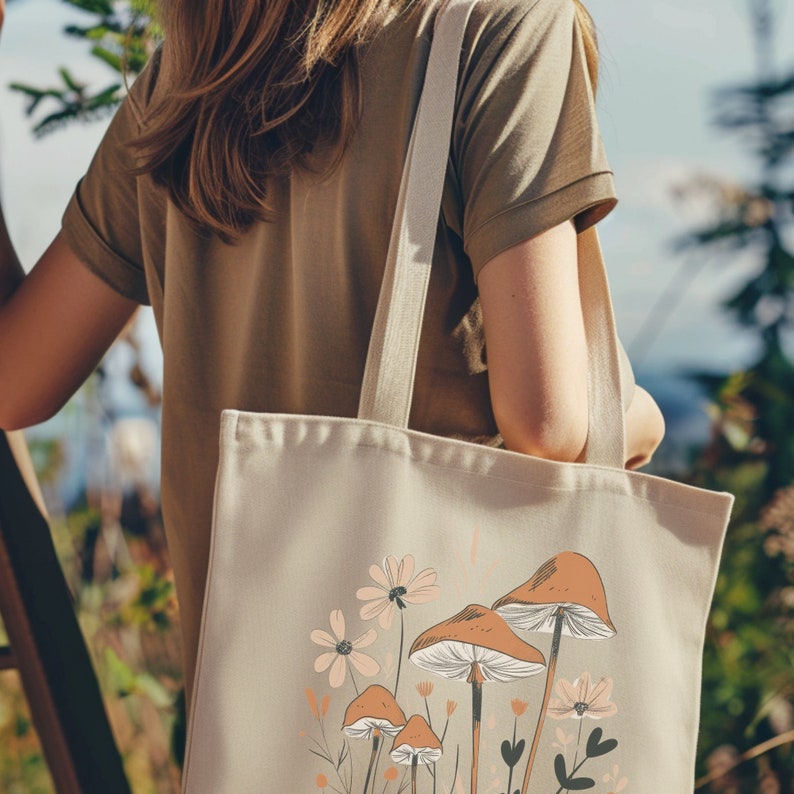Cottage Core Tote Bag With Mushrooms and Wildflowers, Eco-friendly ...