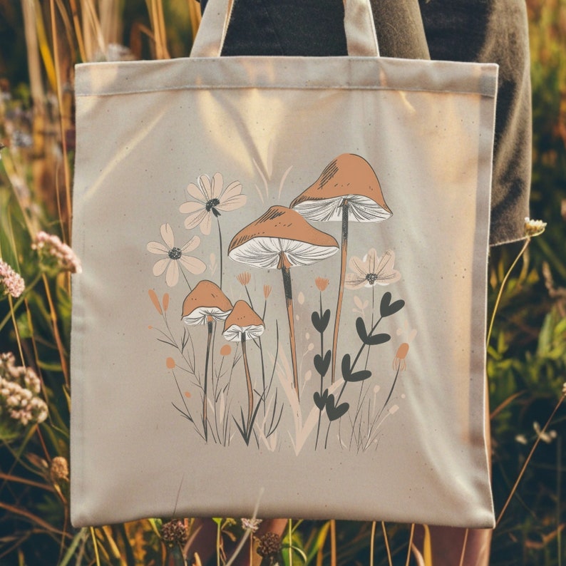 Cottage Core Tote Bag With Mushrooms and Wildflowers, Eco-friendly ...