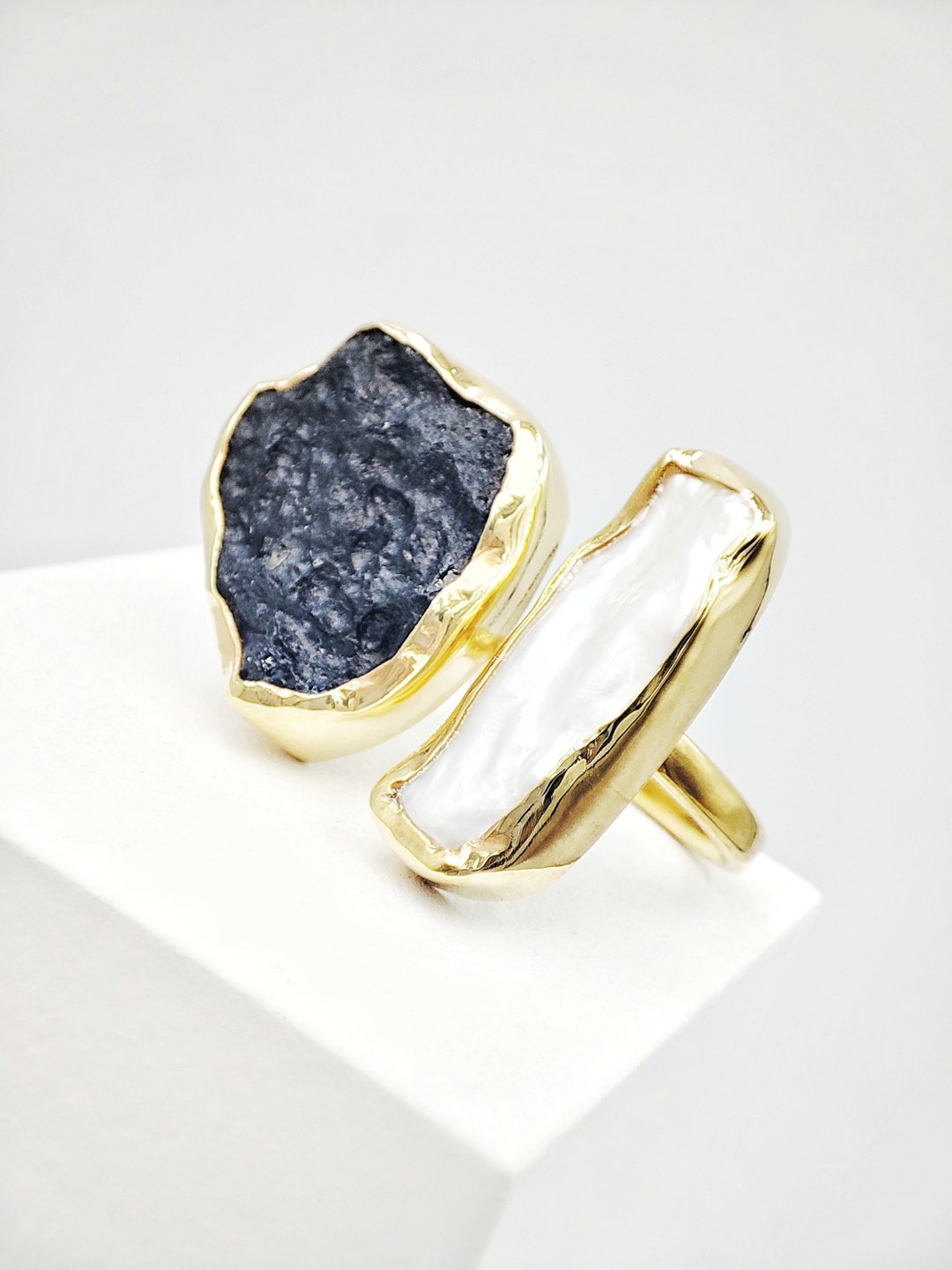 Raw Tektite Pearl Ring by Glafx, Statement Adjustable Tektite Keshi ...