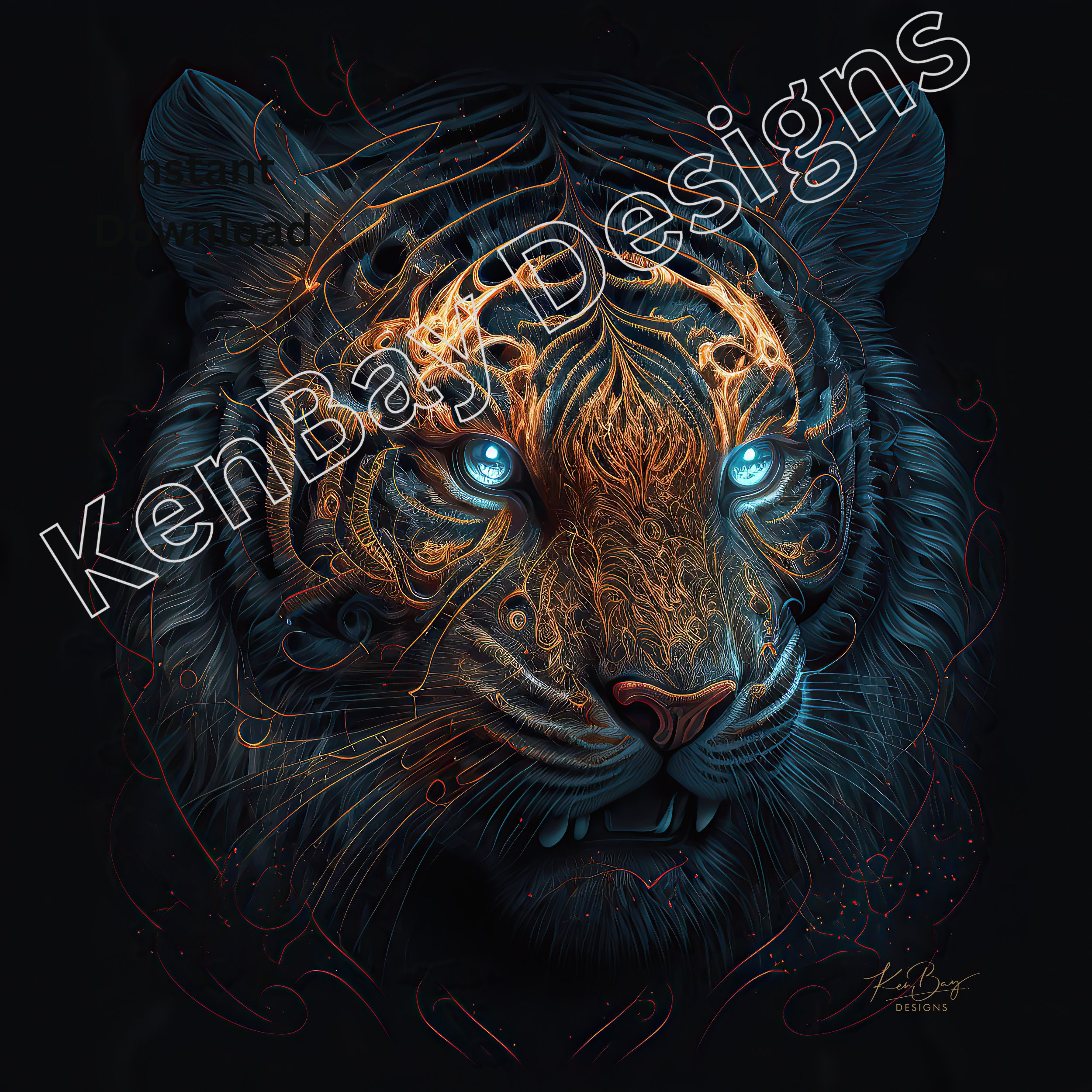 Set of 4 Majestic Blue Neon Alpha Tiger Art Prints Instant - Etsy