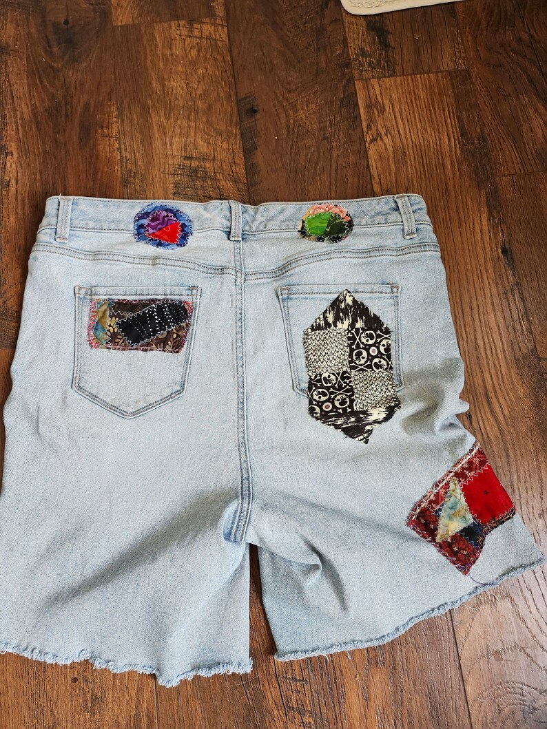 Up Cycled Boho Vintage Patch Work Denim Jean Shorts Reworked Emblished ...