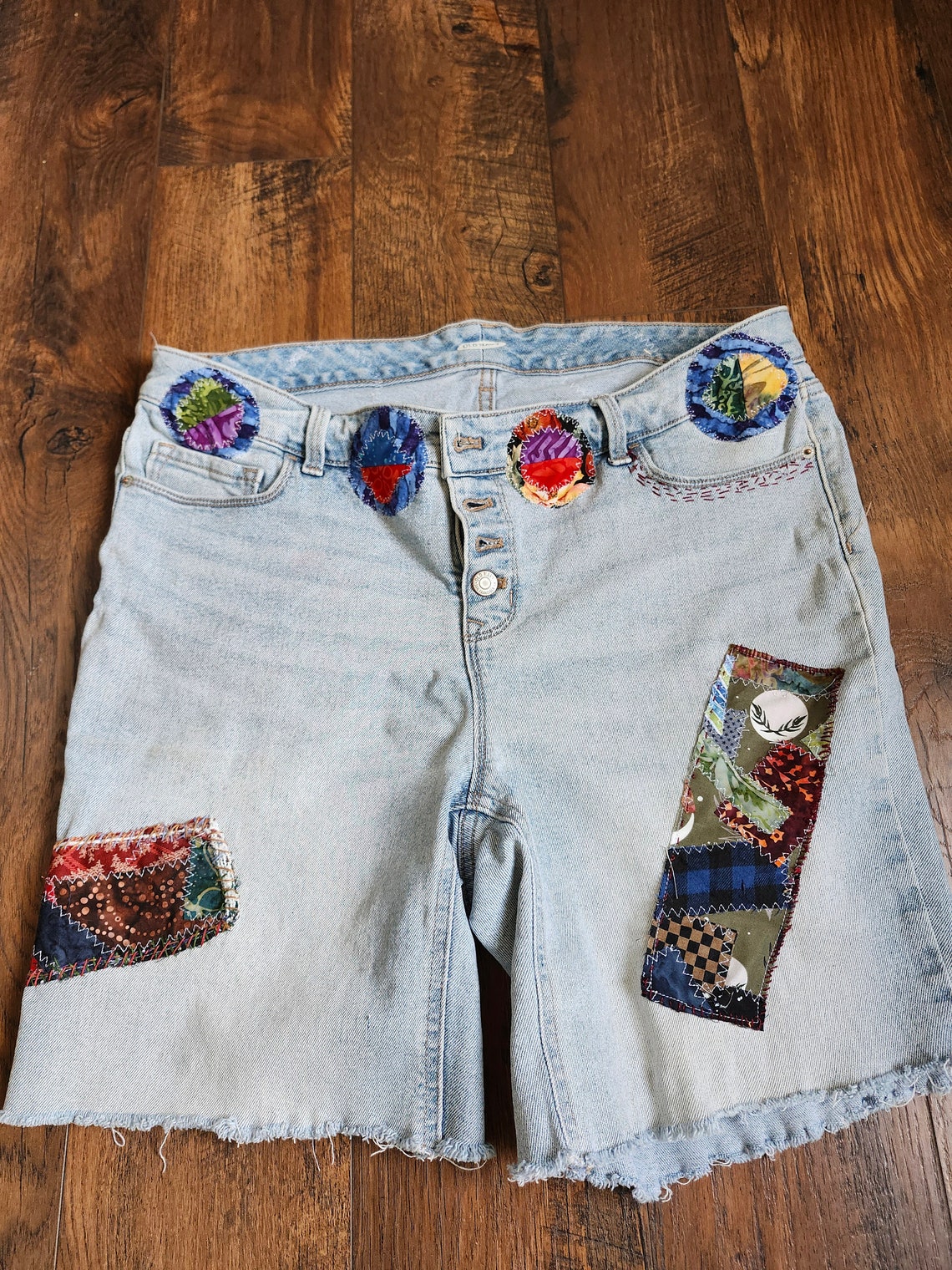 Up Cycled Boho Vintage Patch Work Denim Jean Shorts Reworked Emblished ...