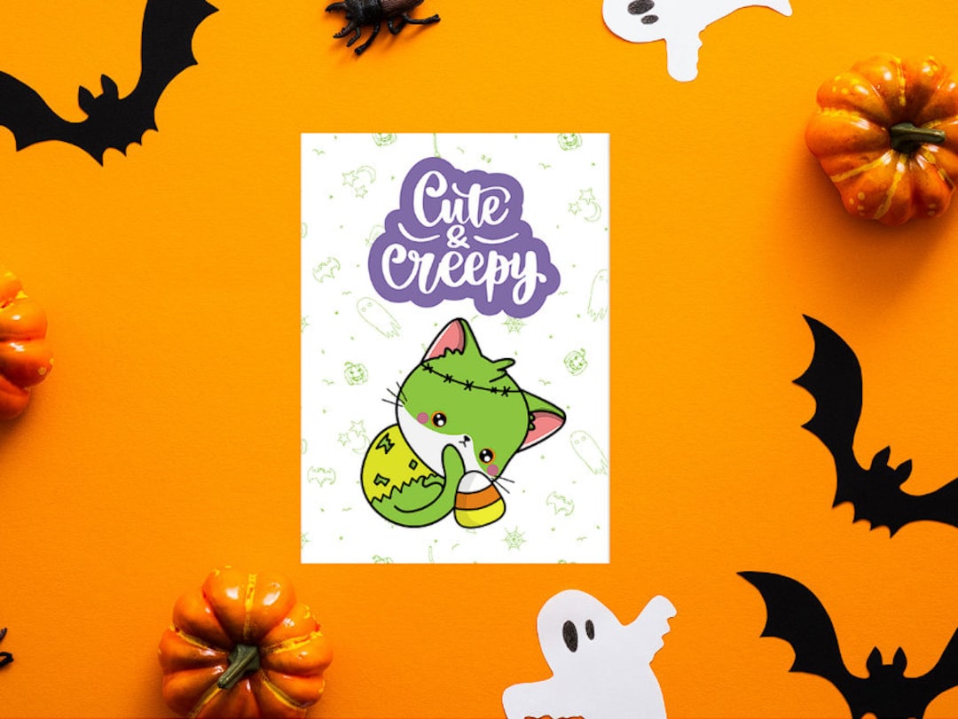 Digital Halloween Card, Printable Card, Cat Card, Kawaii Card, Kids ...