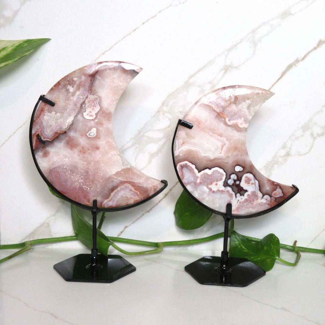 Crystal Moon Carving, Pink Agate Carved Moon With Stand, Gemstone Luna ...