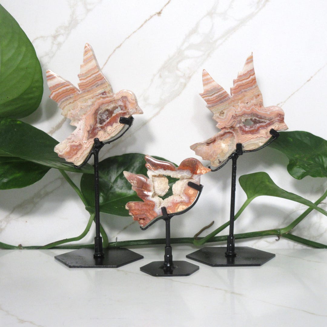 Crystal Bird Carving on Stand Pink Crazy Lace Agate Bird Figurine ...