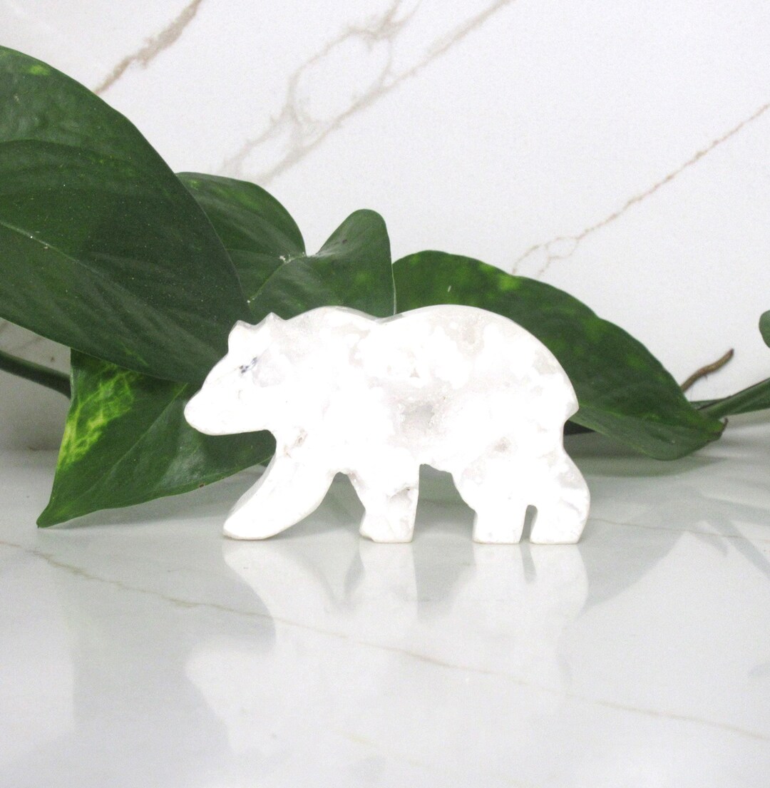 Snow Agate Polar Bear Carving, White Crystal Bear Figurine, Plume Agate ...