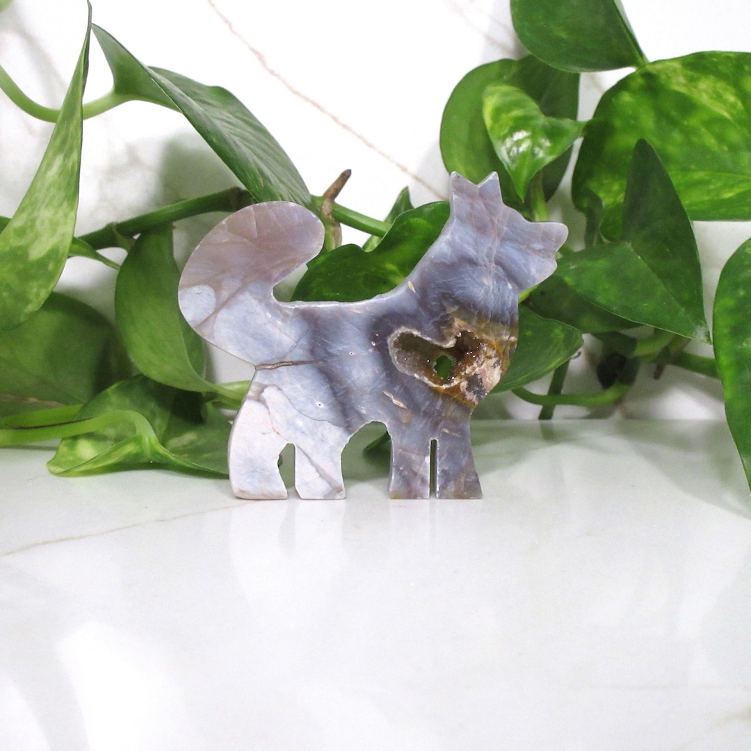 Crystal Dog Carving, Blue Chalcedony & Husky Figurine, Alaskan Malamute ...