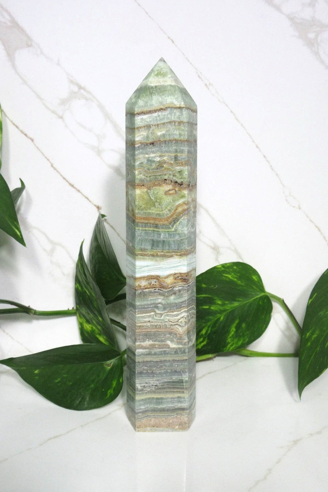 Green Banded Onyx Tower Green Crystal Point Green Calcite Statue ...