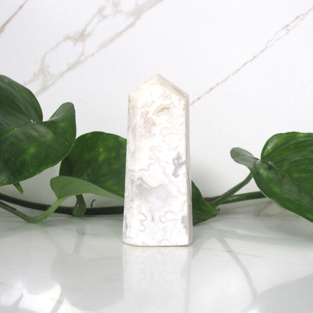 Snow Agate Tower White Plume Agate Point Druzy Crystal Obelisk White ...