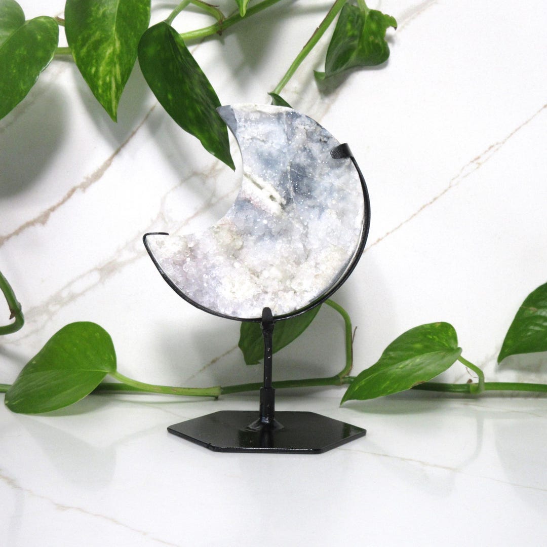 Crystal Moon Carving, Blue Amethyst Crescent Moon Statue on Stand, Blue ...
