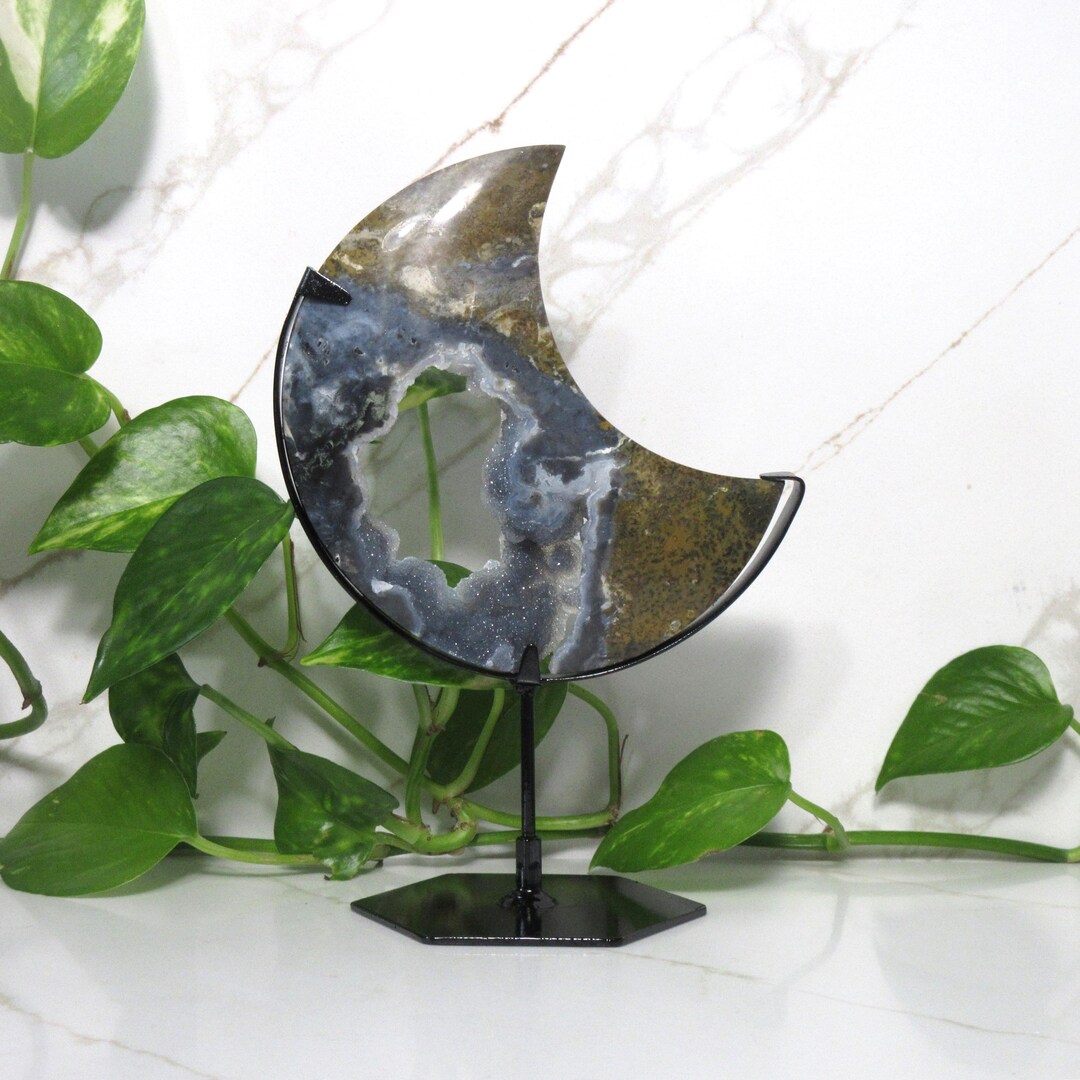 Crystal Moon Carving, Gold and Blue Jasper Carved Moon With Stand, Blue ...
