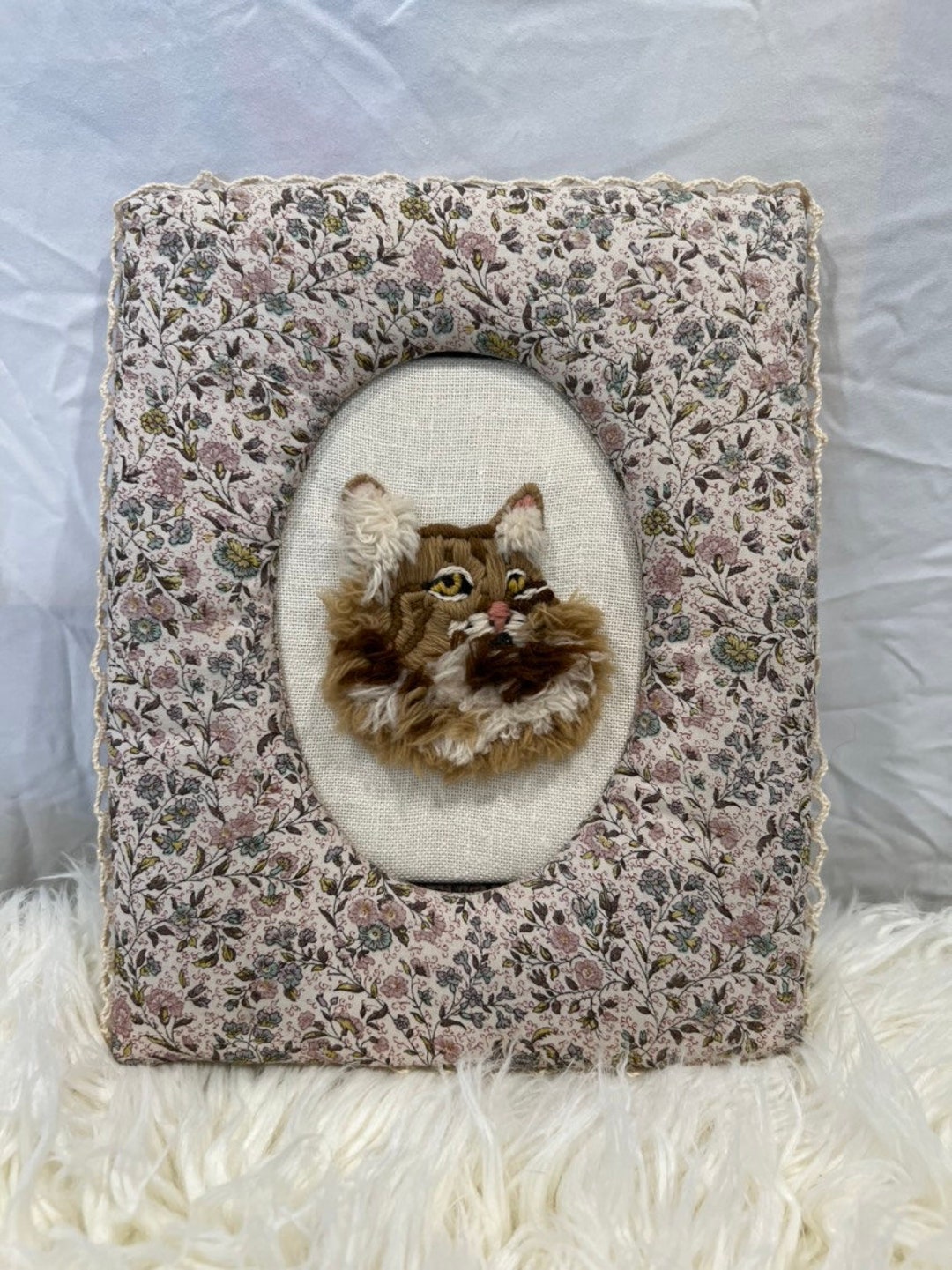 Vintage Embroidery / Needlework Long Hair Cat Portrait With Floral Lace ...