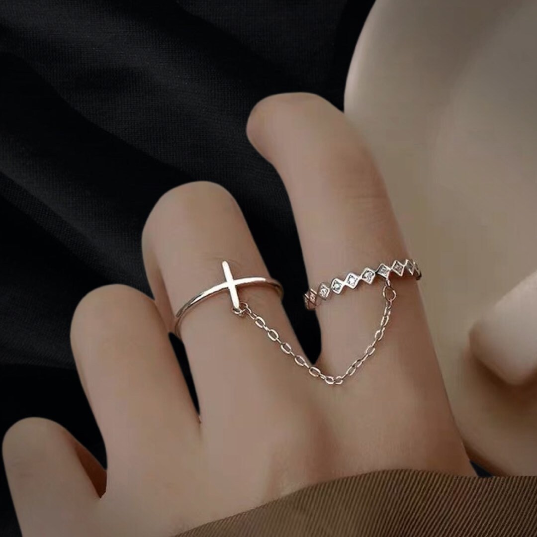 Cross and Diamond Chained Double Ring - Etsy