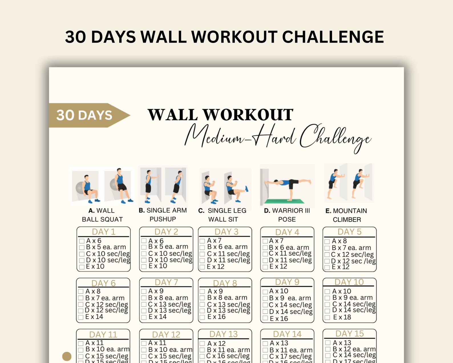 30 Day Wall Exercise Challenge, Printable Wall Exercise , Home Workout ...