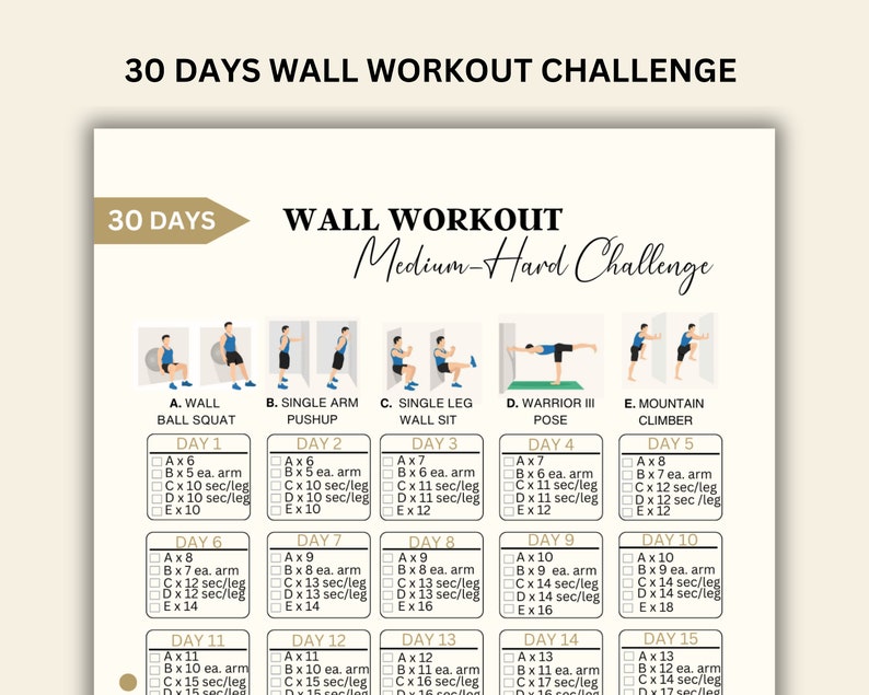 30 Day Wall Exercise Challenge, Printable Wall Exercise , Home Workout ...
