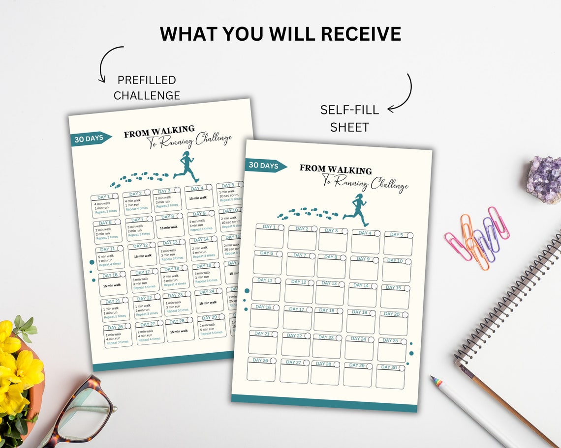 30 Day Waking to Running Challenge, Printable Walking Guide, Running ...