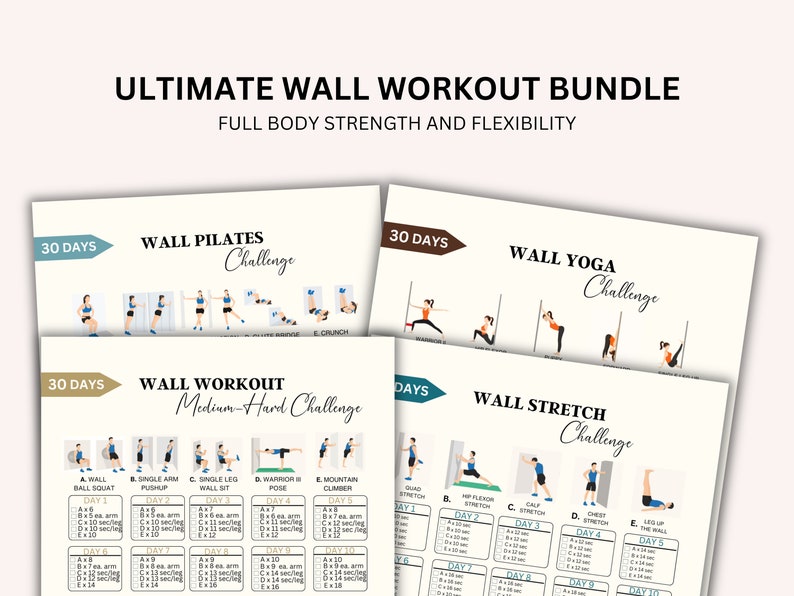 Full Body Wall Workout Bundle, Wall Pilates Guide, Wall Fitness Guide ...