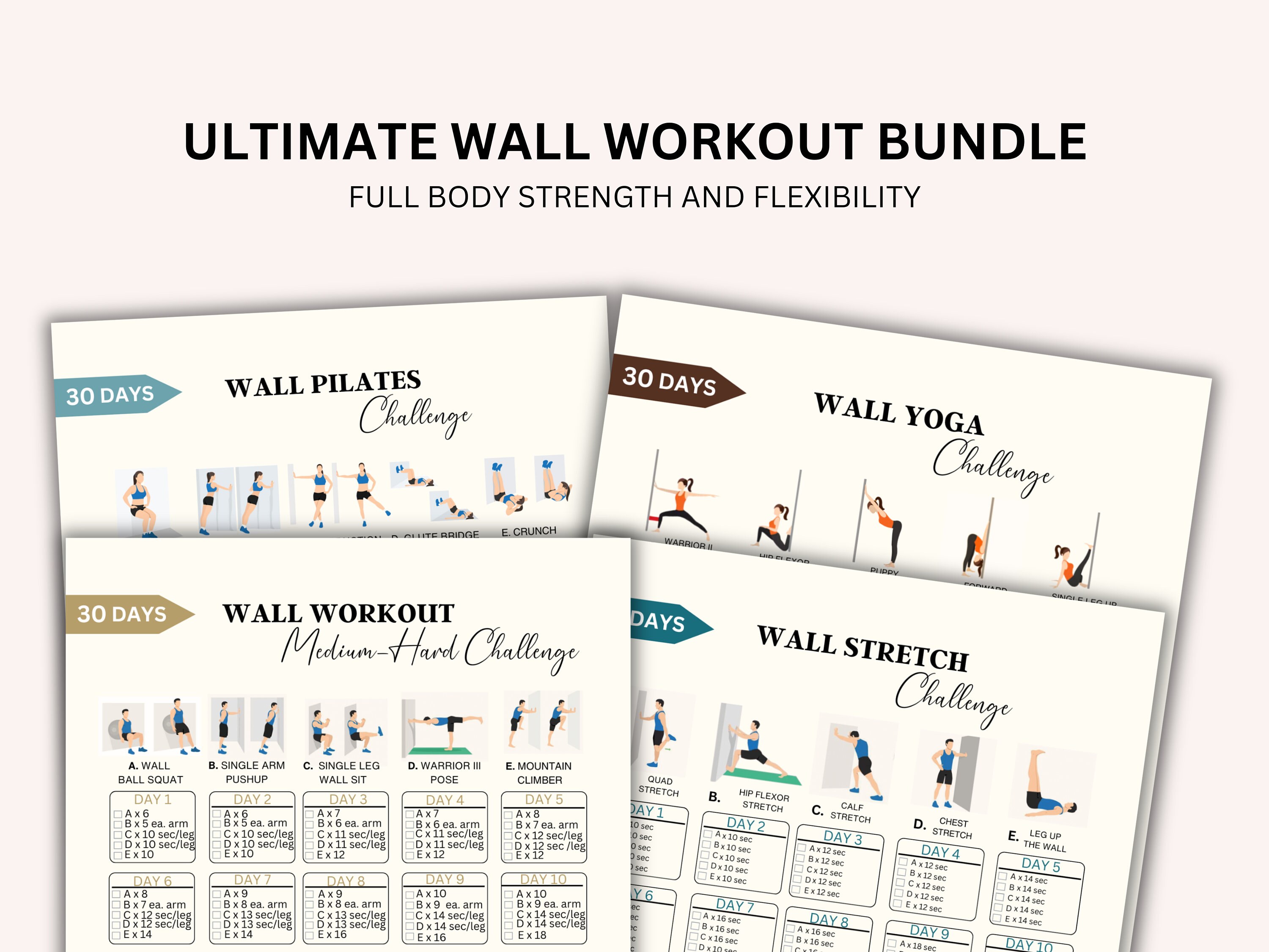 Full Body Wall Workout Bundle, Wall Pilates Guide, Wall Fitness Guide ...