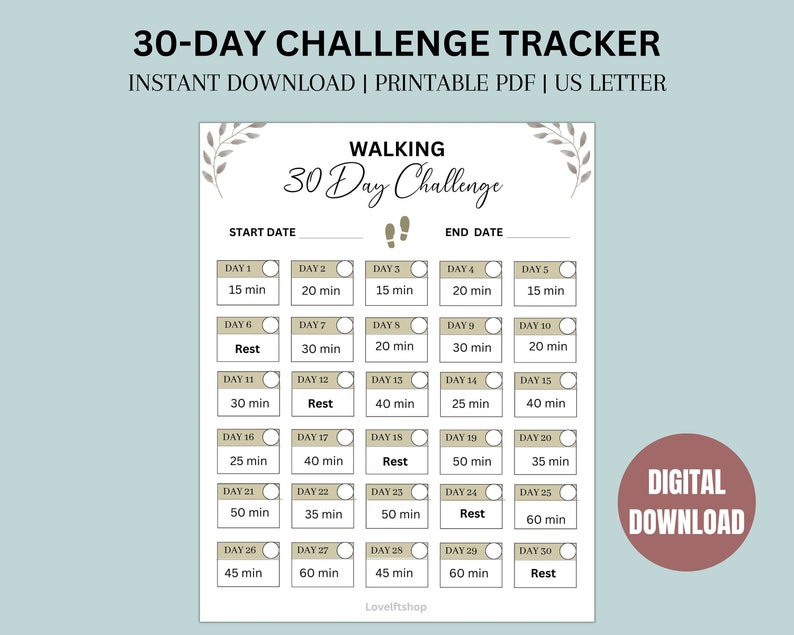 30 Day Walking Challenge | 30 Day Challenge Printable |30 Day Habit ...
