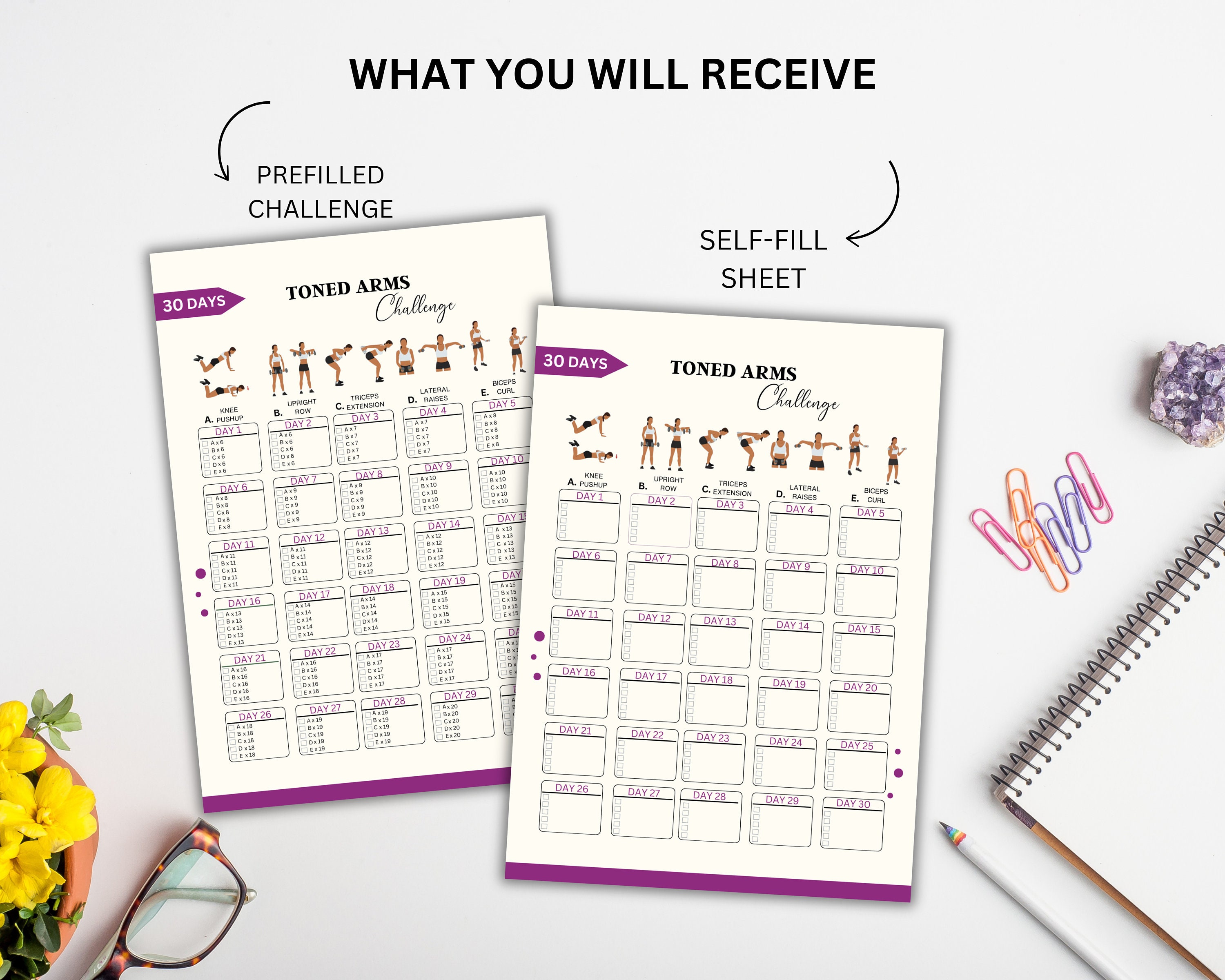 30 Day Sleek Arm Challenge, Toned Arms Exercise Guide, Home Workout ...