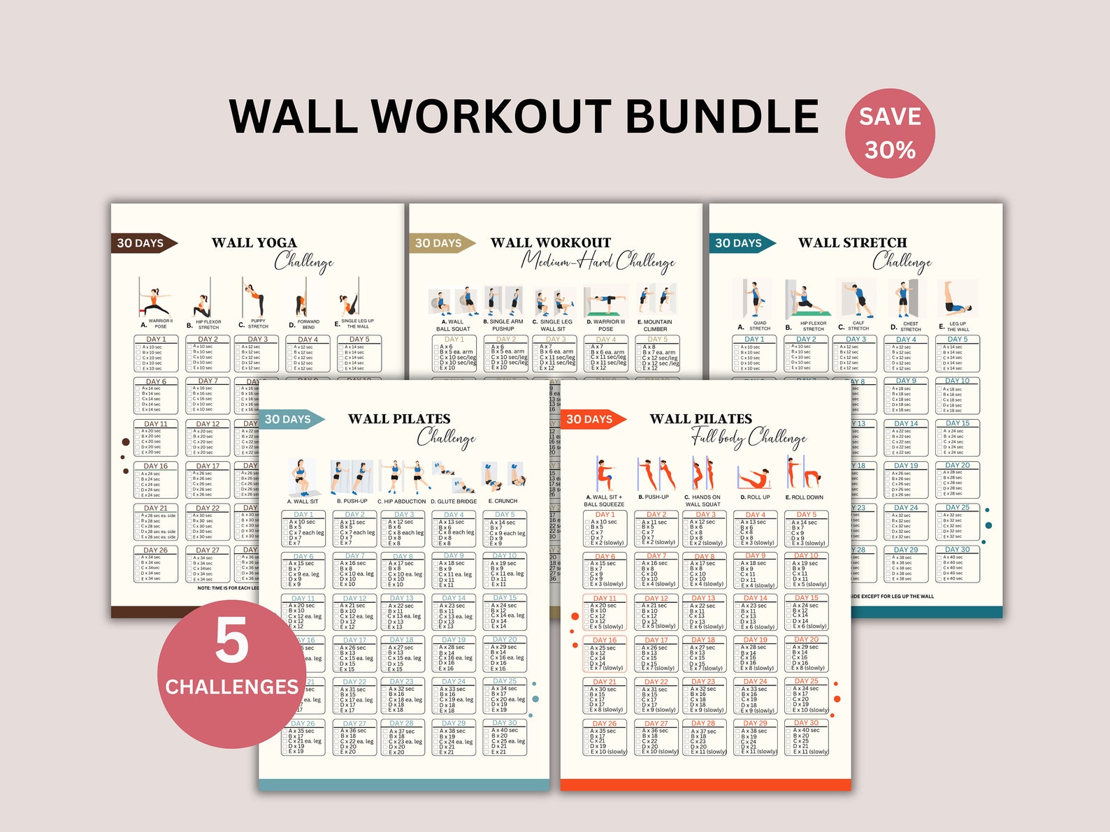 Full Body Wall Workout Bundle, Wall Pilates Guide, Wall Fitness Guide ...