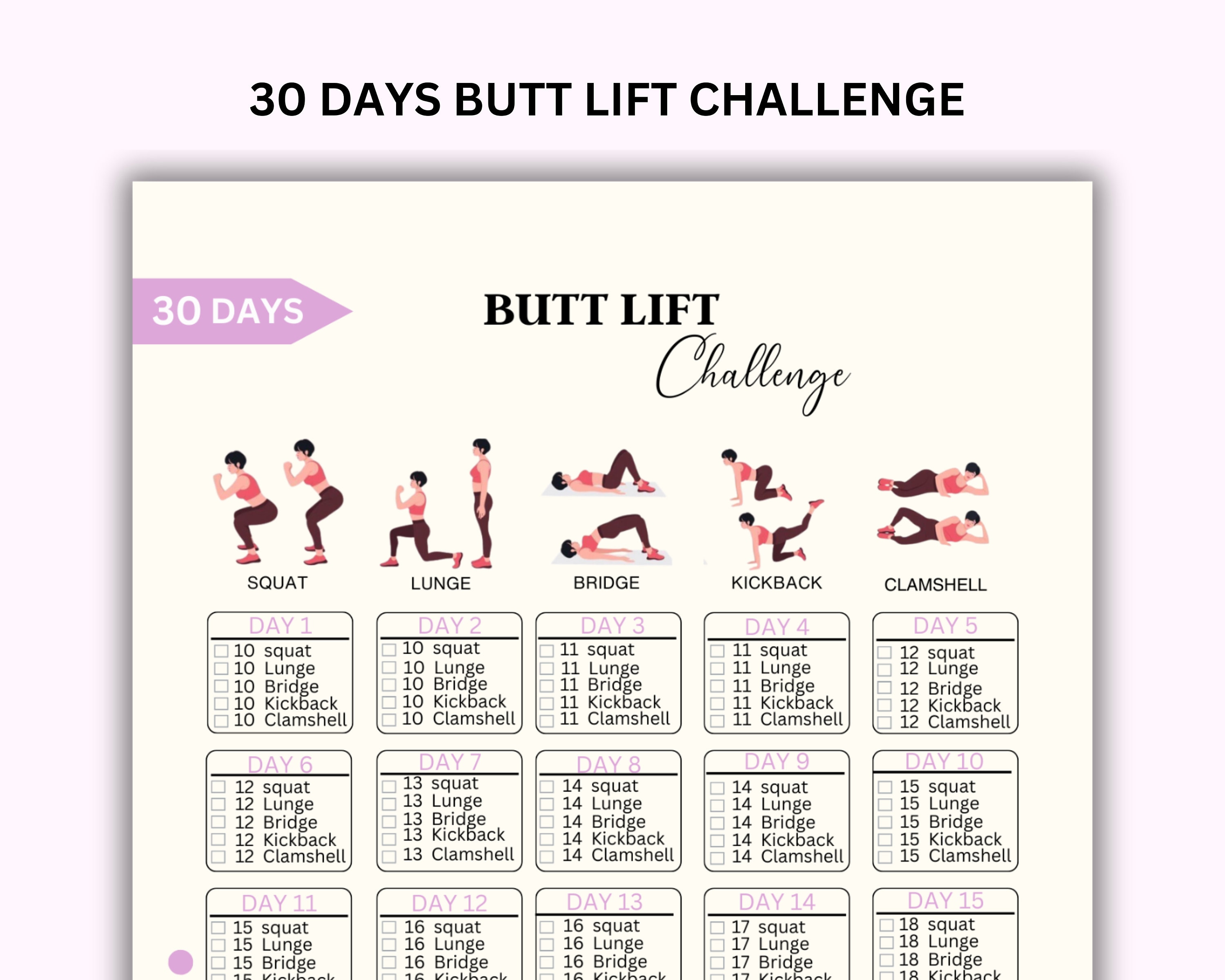 30 Day Butt Lift Challenge Booty Exercise Butt Workout Home Workout