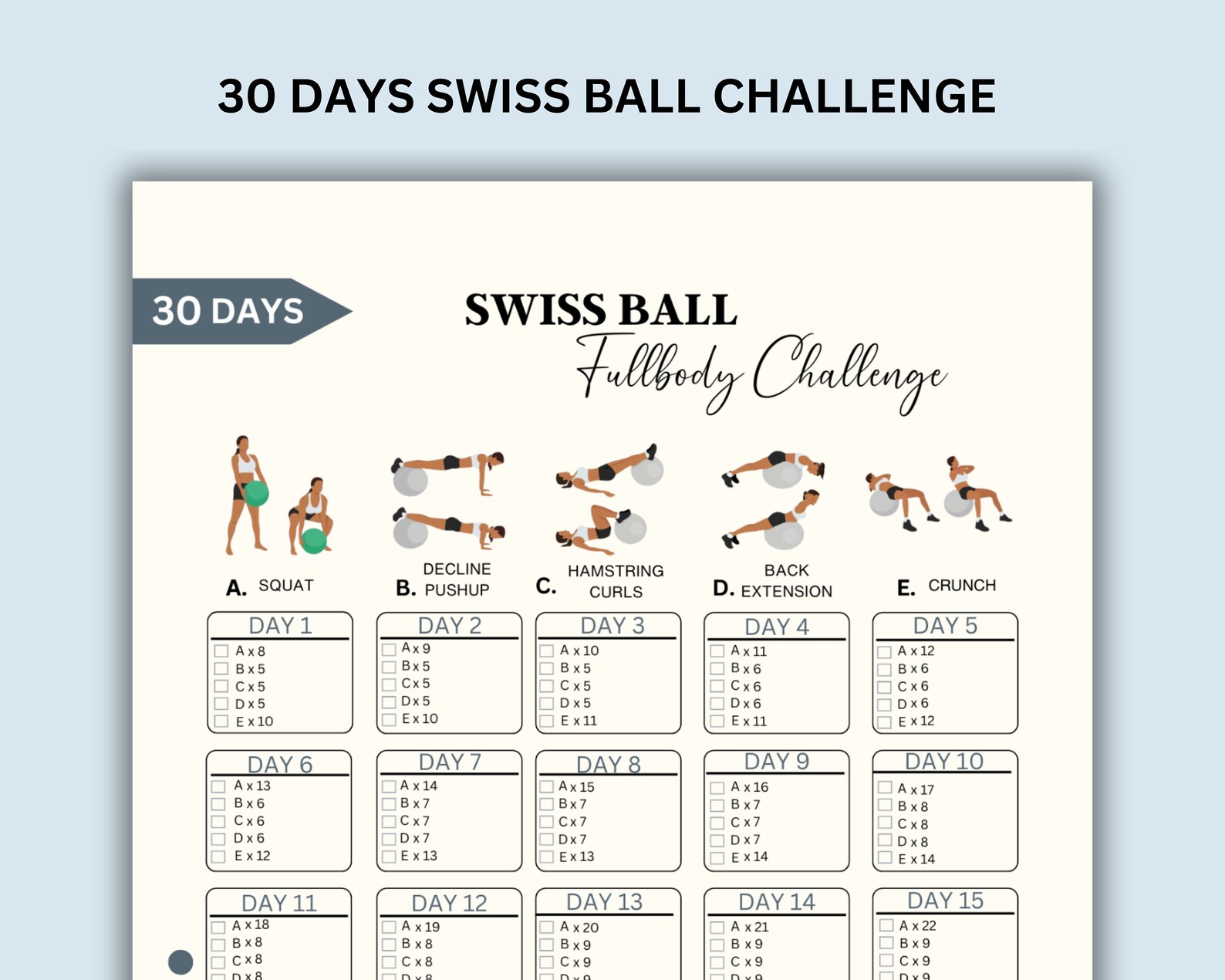 30 Day Stability Ball Challenge, Printable Swiss Ball Exercise , Home ...
