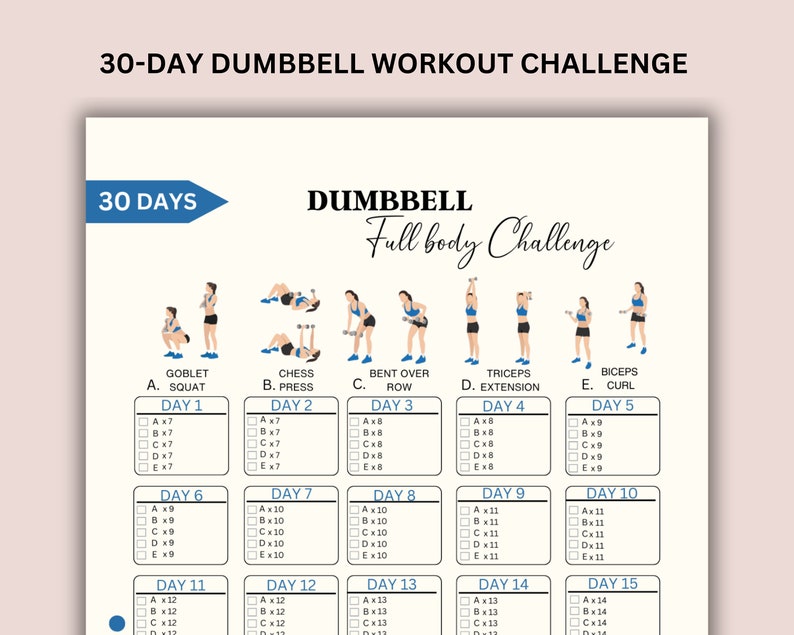 30 Day Dumbbell Challenge, Home Workout, Printable Dumbbell Exercise ...