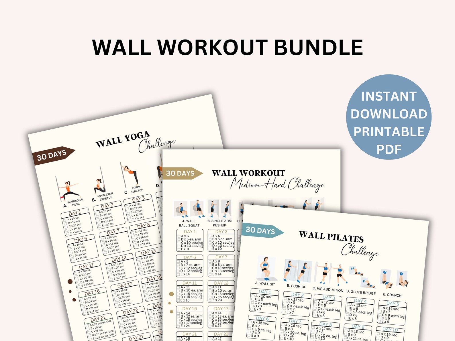 Full Body Wall Workout Bundle, Wall Pilates Guide, Wall Fitness Guide ...