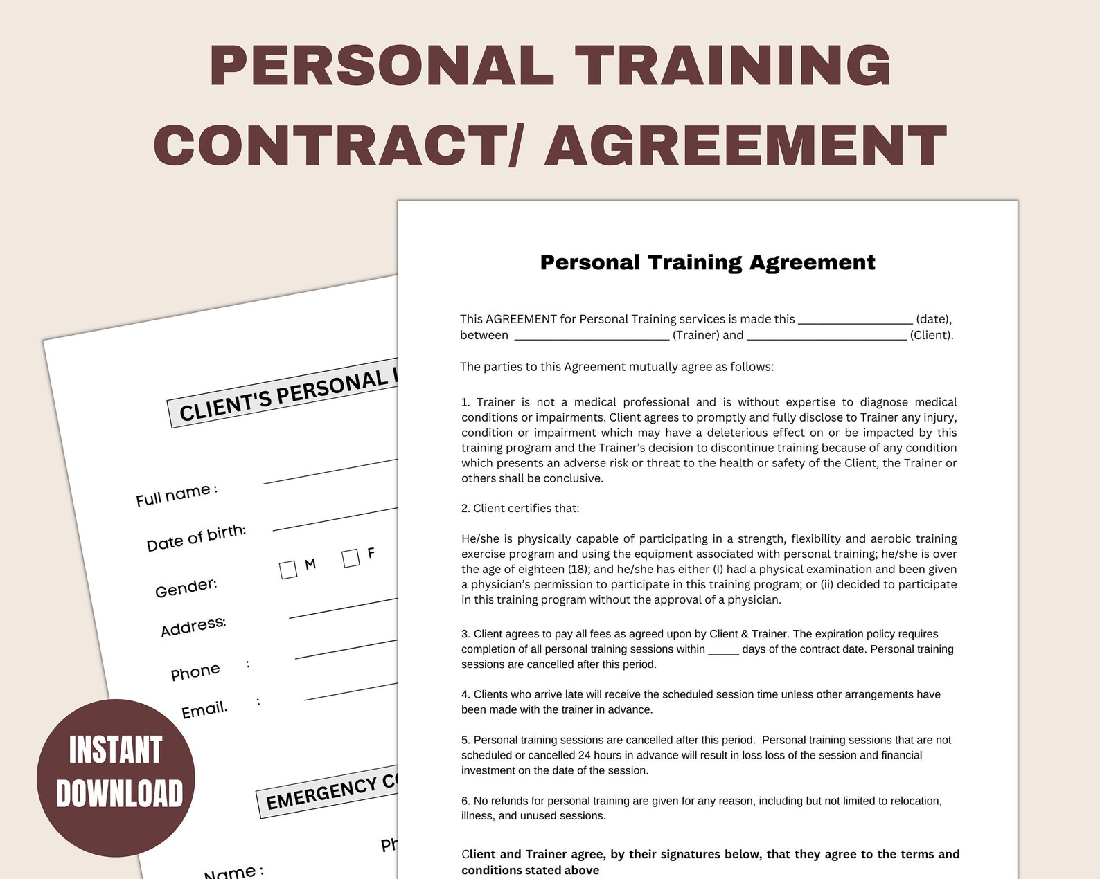 Personal Training Agreement Contract| Client Intake Form| Training ...