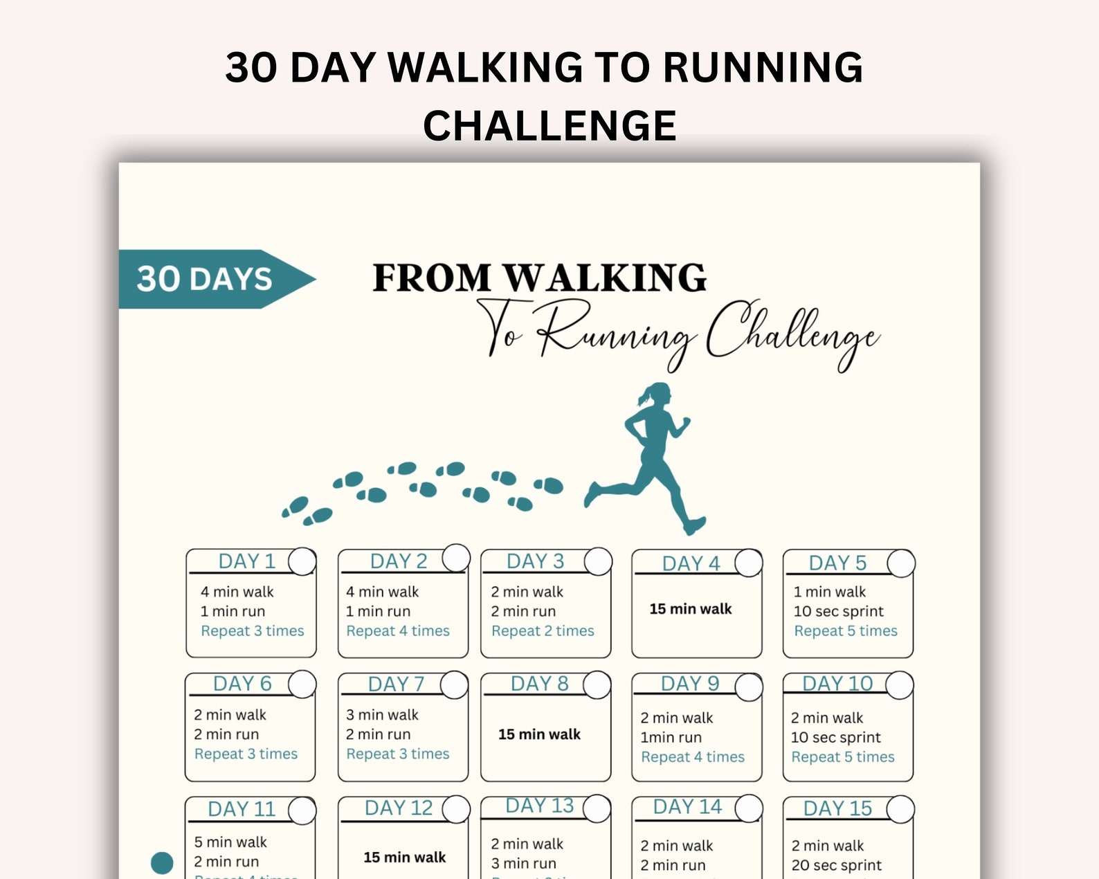 30 Day Waking to Running Challenge, Printable Walking Guide, Running ...