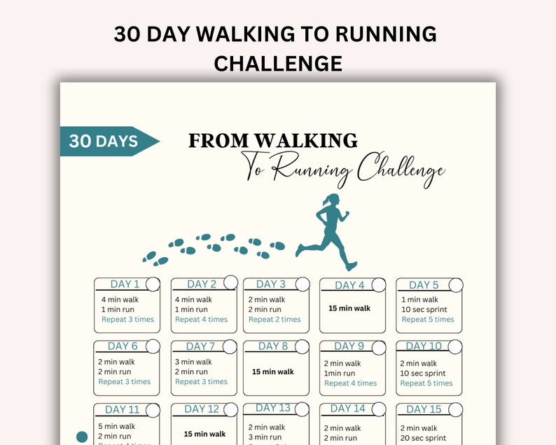 30 Day Waking to Running Challenge, Printable Walking Guide, Running ...