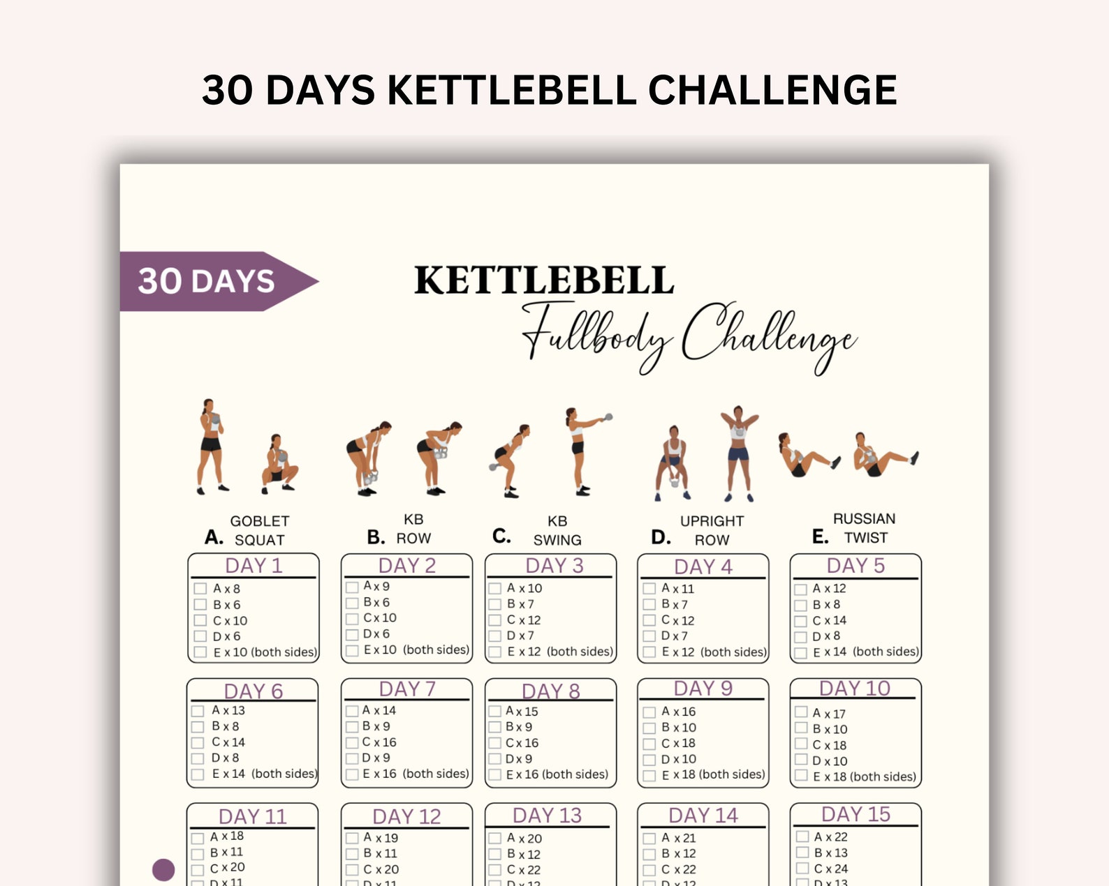 30 Day Kettlebell Challenge, Printable Kettlebell Exercise , Home ...