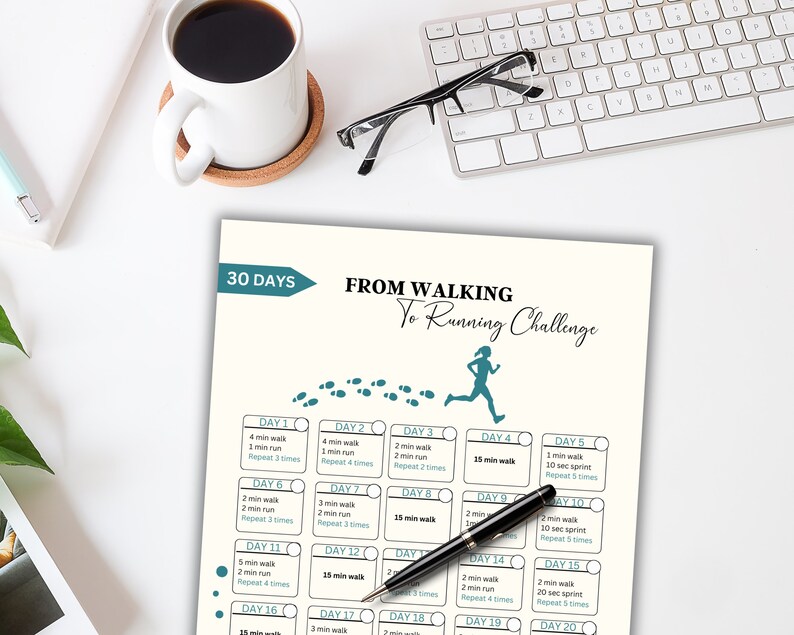 30 Day Waking to Running Challenge, Printable Walking Guide, Running ...