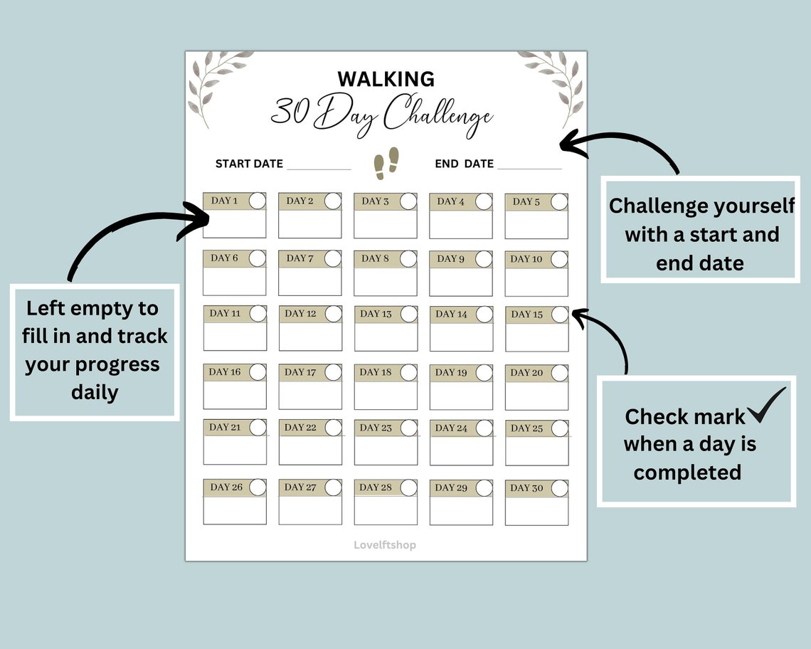 30 Day Walking Challenge | 30 Day Challenge Printable |30 Day Habit ...