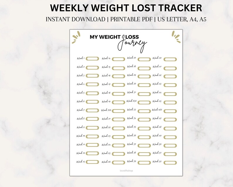 Weekly Weigh in Tracker Printable| 52 Weeks Countdown | Weight Loss ...