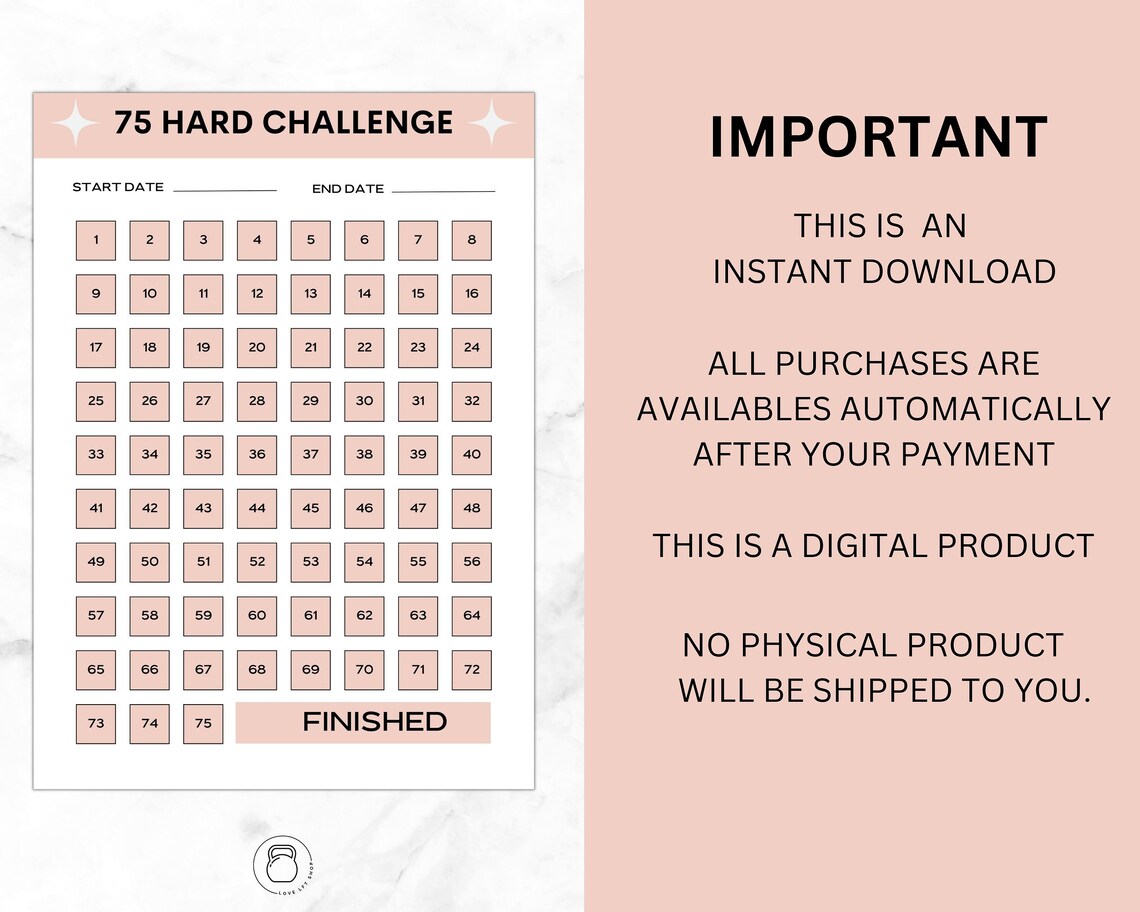 75 Hard Challenge Tracker 75 Hard Challenge 75 Day Challenge Fitness ...