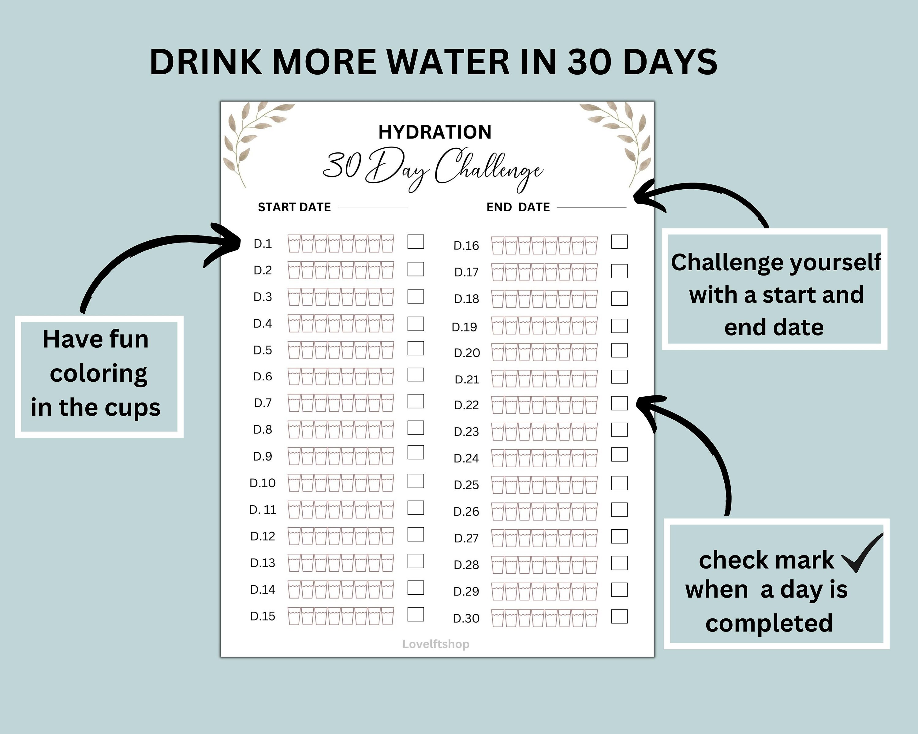 30 Day Hydration Challenge | 30 Day Challenge Printable | 30 Day Habit ...