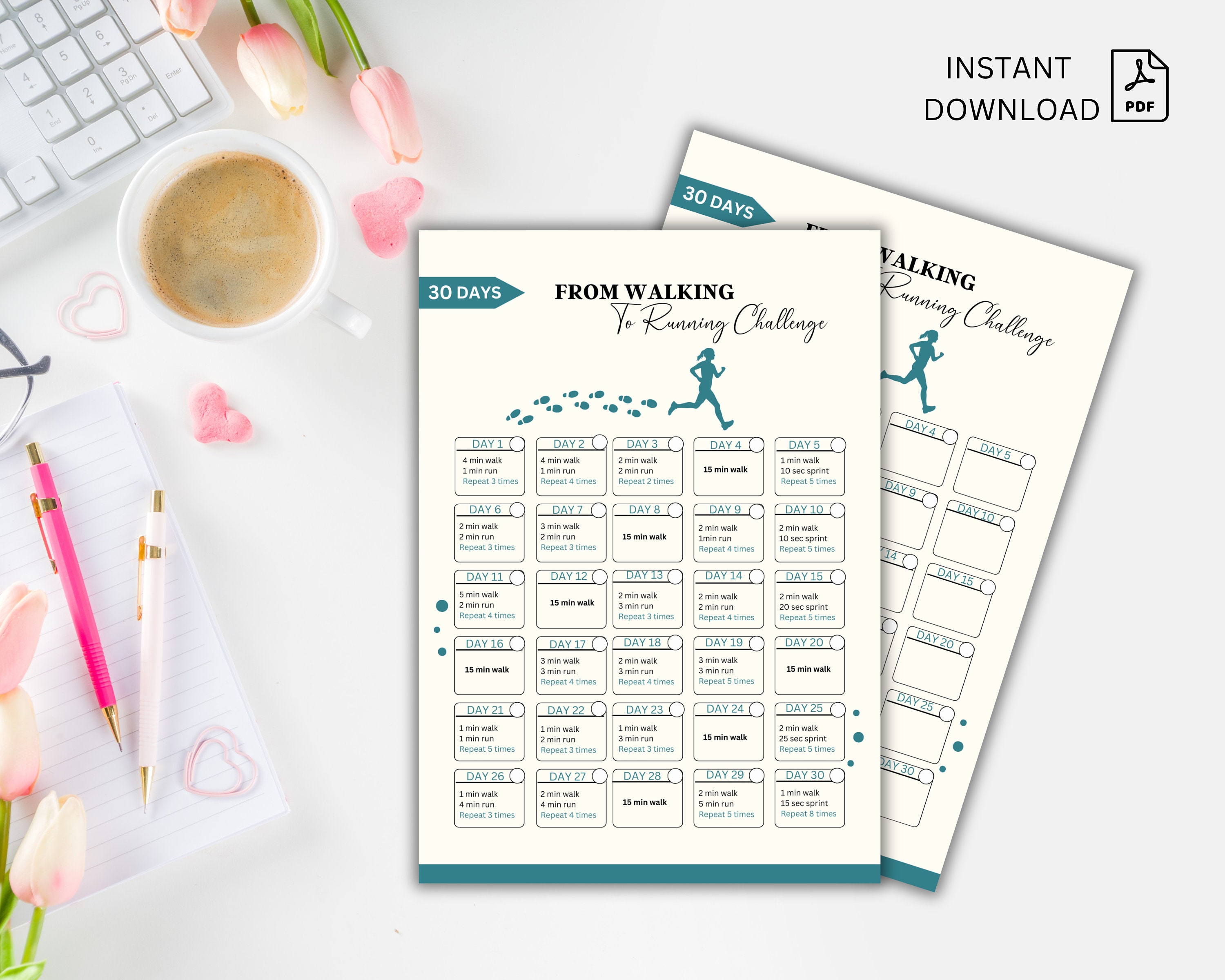 30 Day Waking to Running Challenge, Printable Walking Guide, Running ...