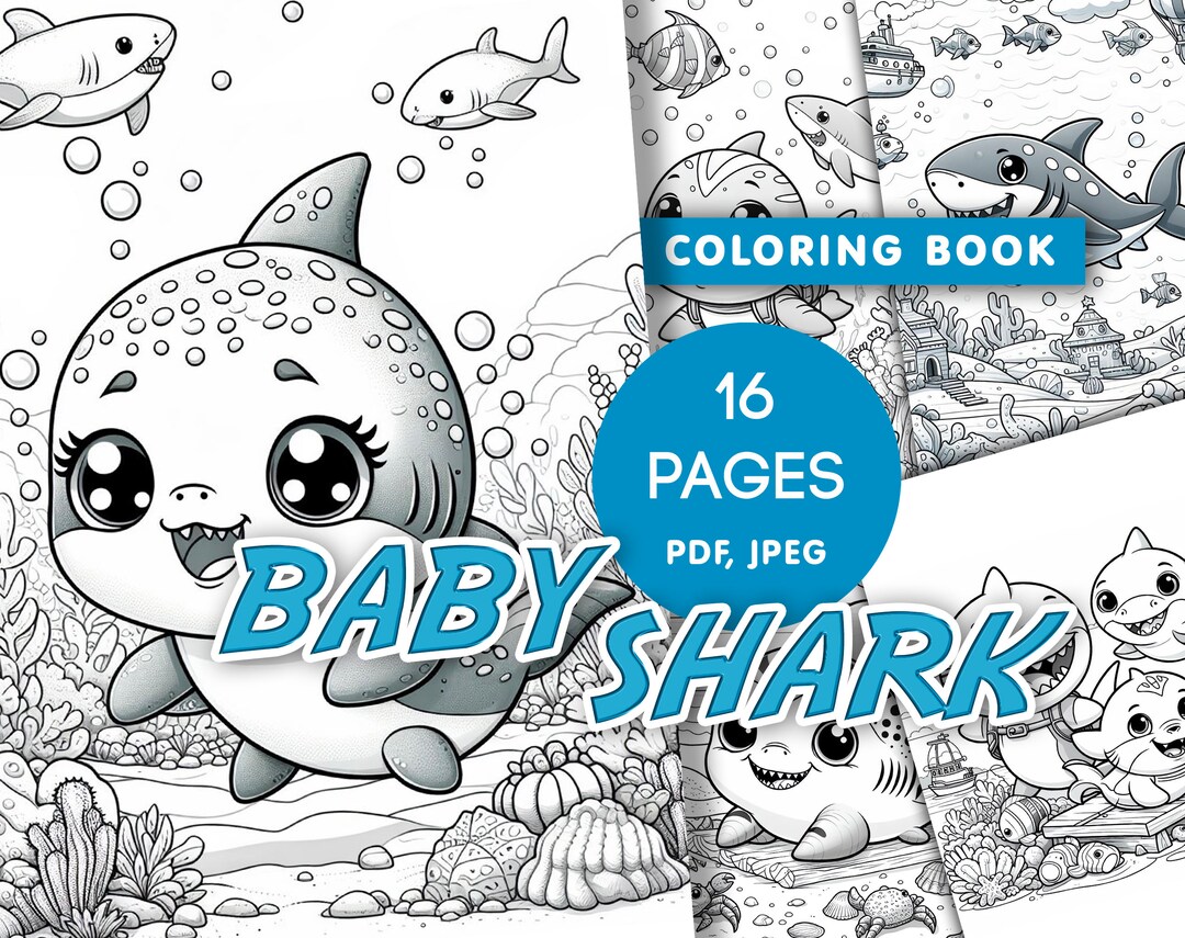 Baby Shark Digital Coloring Set 16 Pages | Coloring Book Pages for Kids ...