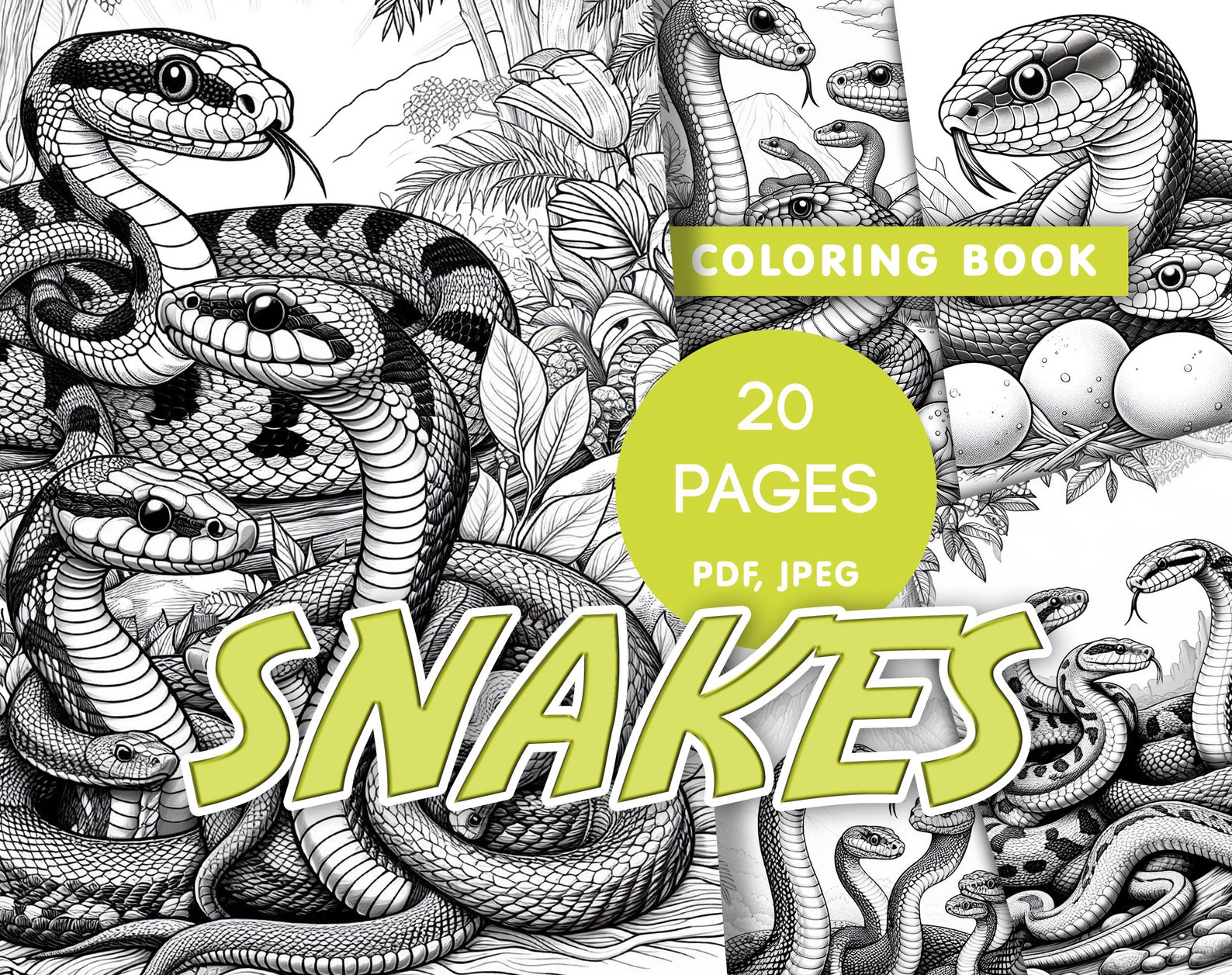 Snakes Digital Coloring Set 20 Pages | Coloring Book Pages | Printable ...