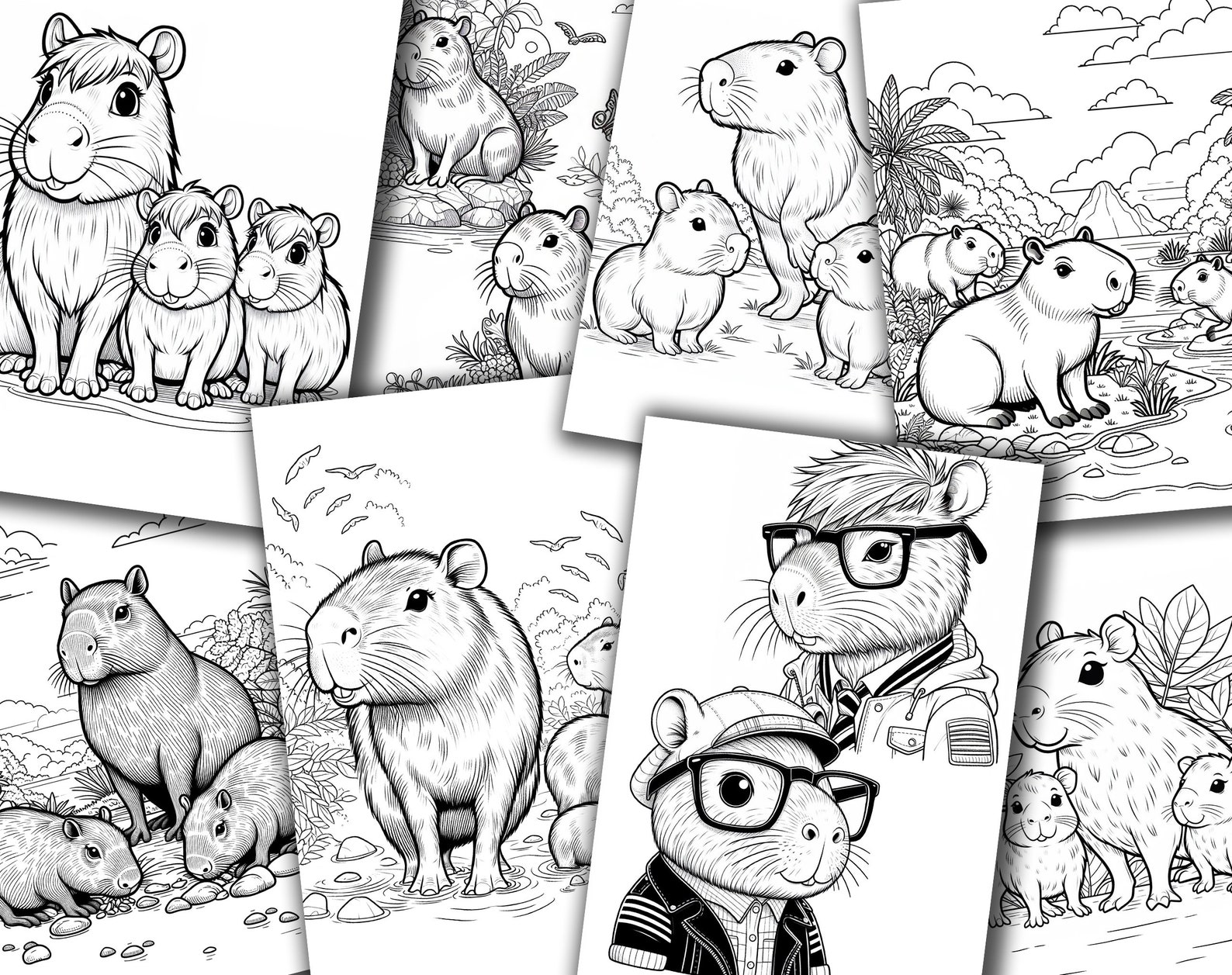 Capybara Digital Coloring Set 17 Pages | Coloring Book Pages for Kids ...