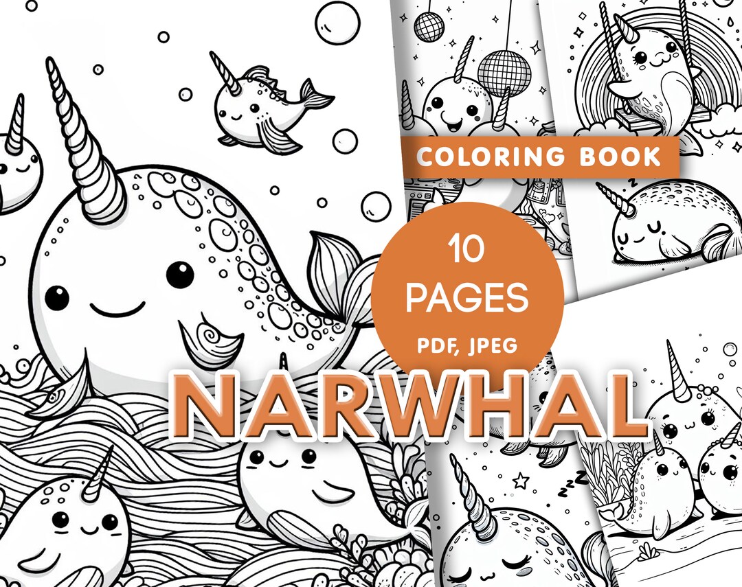 Narwhal Digital Coloring Set 10 Pages | Coloring Book Pages for Kids ...
