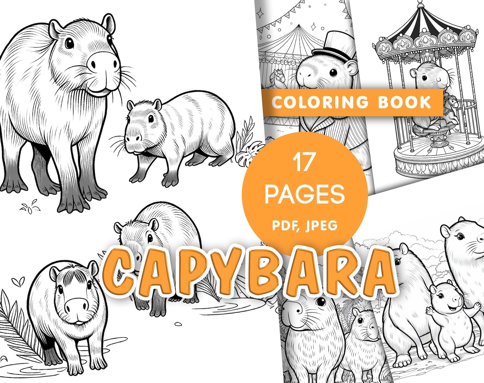 Capybara Digital Coloring Set 17 Pages | Coloring Book Pages for Kids ...