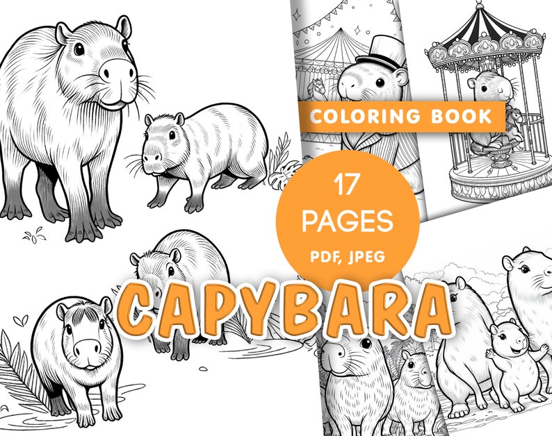 Capybara Digital Coloring Set 17 Pages | Coloring Book Pages for Kids ...