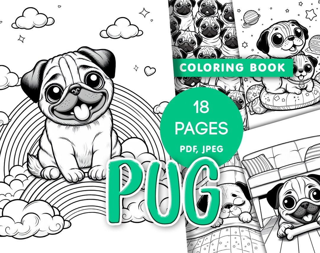 Pug Digital Coloring Set 18 Pages | Coloring Book Pages for Kids ...